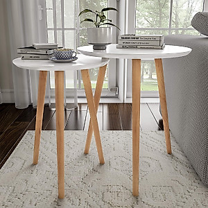 Nesting Side Tables - Set of 2 Round End Tables for Living Room, Bedroom, or Home Office - Accent Table Set - Mid-Century Modern Living Room Furniture by Lavish Home (White/Natural)