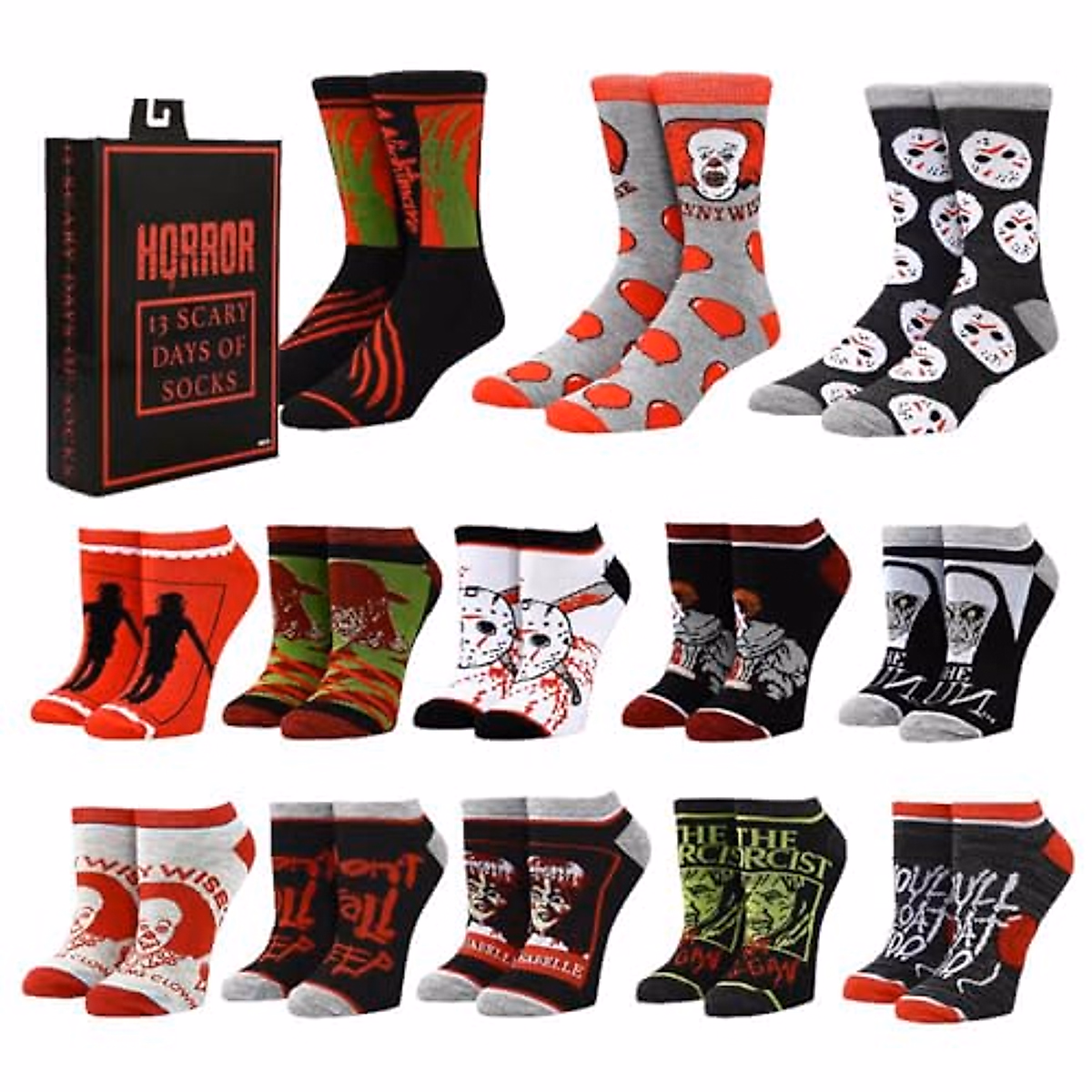 Warner Brothers Horror Icons Men's 13-Pack Crew & Ankle Socks
