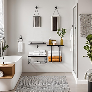 PSUTBPAT Bathroom Shelves Over Toilet for Wall，Floating Shelves Over Toilet Paper Holder，Wall Mounted Rustic Wood Storage Basket Shelves for Bedroom，Living Room & Kitchen, Black