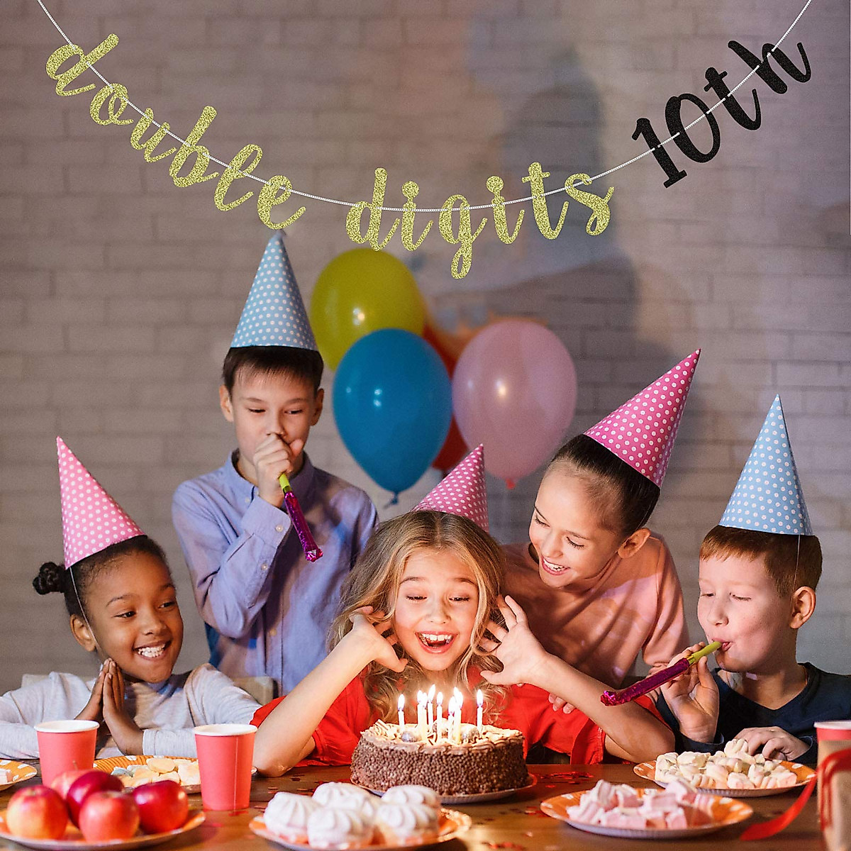 Double Digits 10th Birthday Banner, Happy 10th Birthday Party Decorations, 10 Years Old Birthday Sign (Gold Glitter)