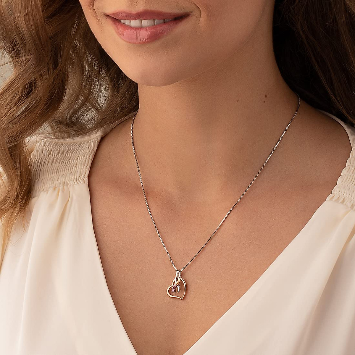 PEORA Breast Cancer Awareness Heart Ribbon Fight, Hope, Survive Pendant Necklace for Women with Created Pink Sapphire, Sterling Silver