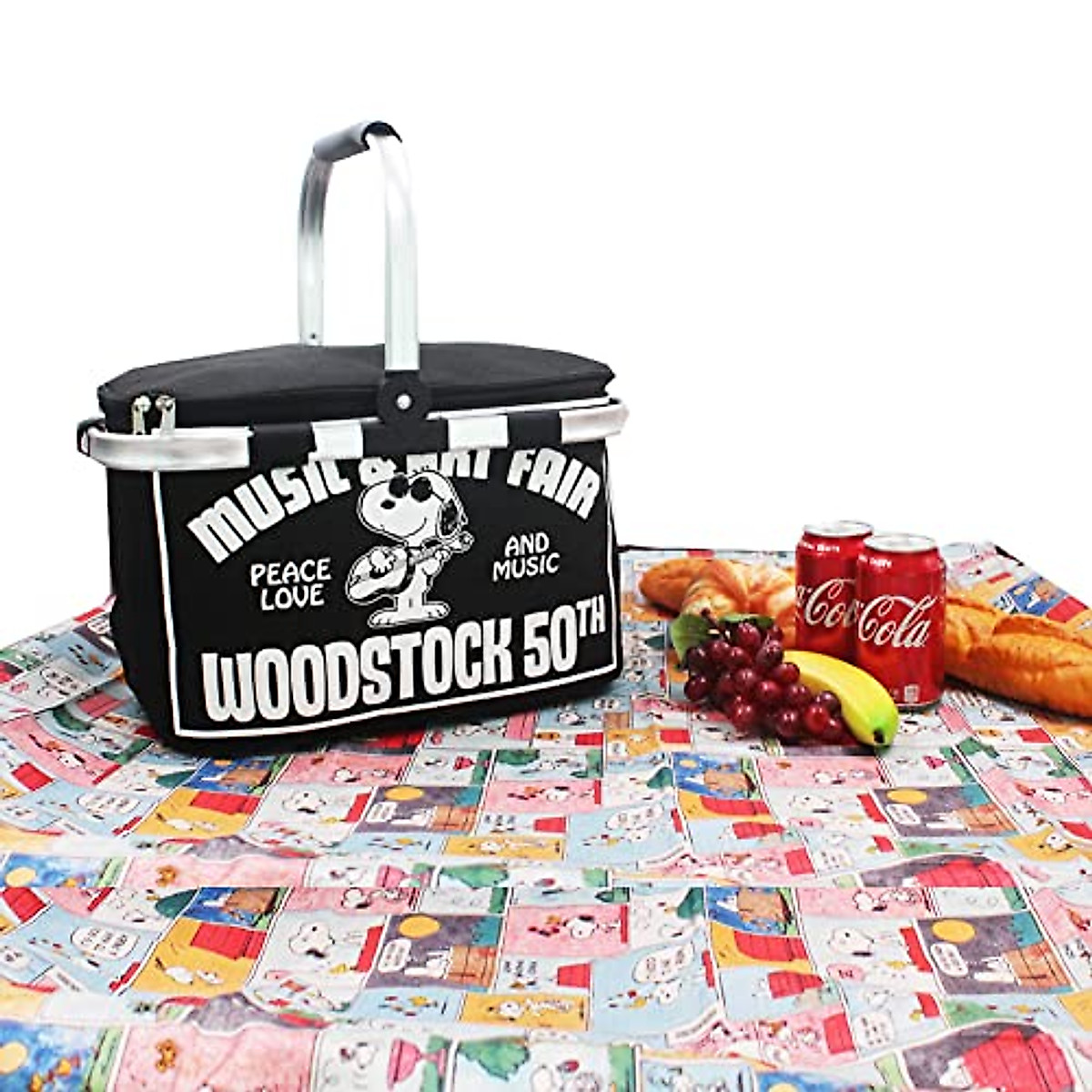 Finex Black Snoopy Picnic Set - Foldable Picnic Basket + Reusable Blanket Mat for Camping Hiking Outdoor Concert Theme Park Travel Day Trip