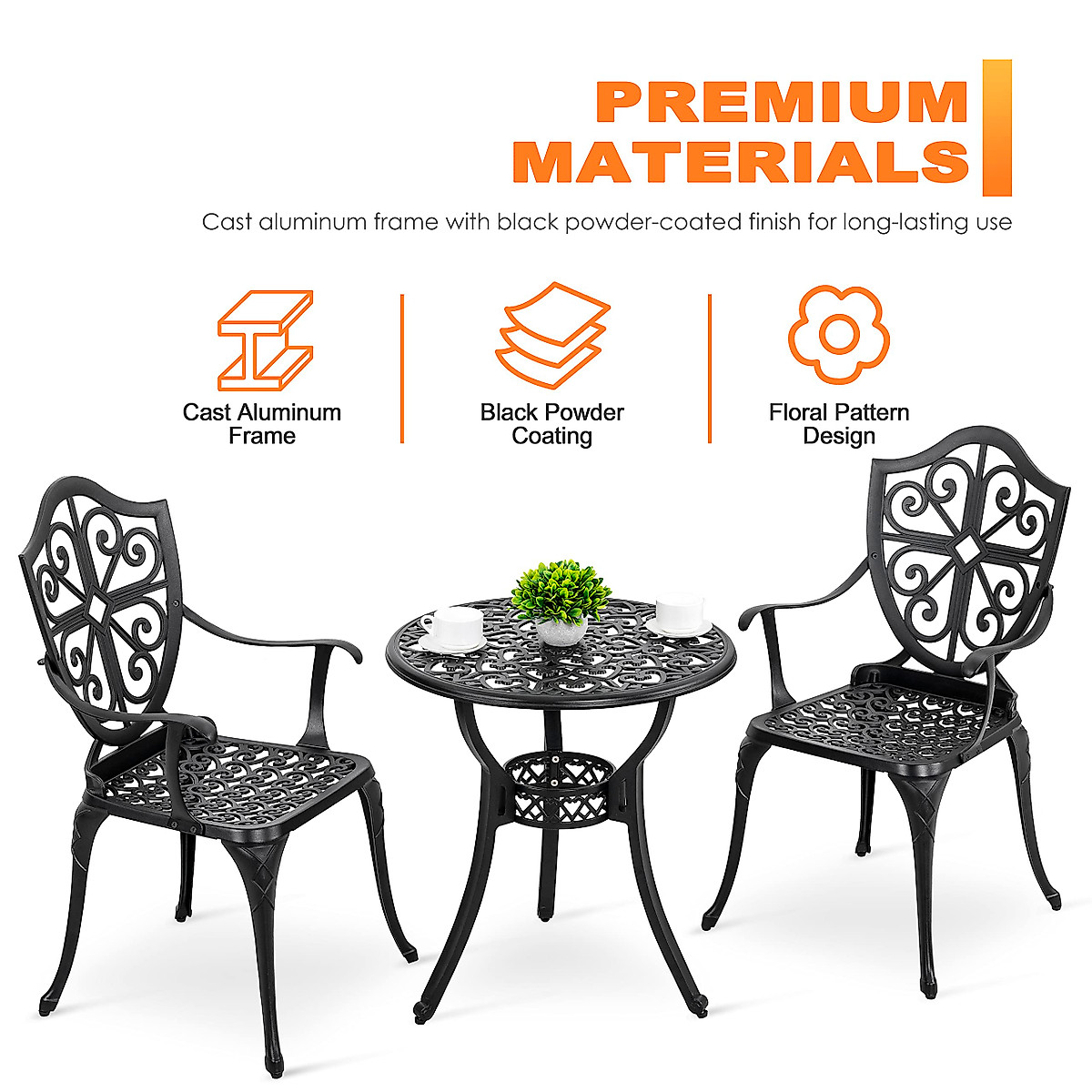 Nuu Garden Bistro Set 3 Piece Outdoor, Cast Aluminum Patio Bistro Sets with Umbrella Hole, Bistro Table and Chairs Set of 2 for Patio Backyard