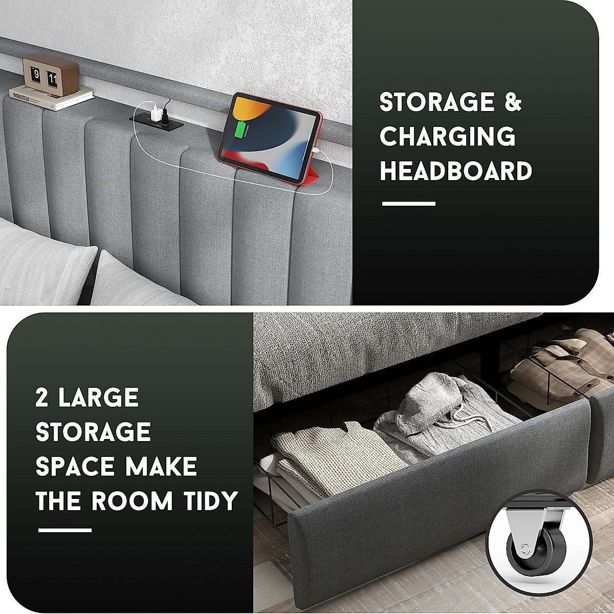 Anyhave Queen Bed Frame with 2 Storage Drawers and Luxury Wingback Upholstered Button Tufted Storage Headboard,Charging Station,Storage Headboard & LED Lights,Remote Control/Noise-Free-Dark Gray