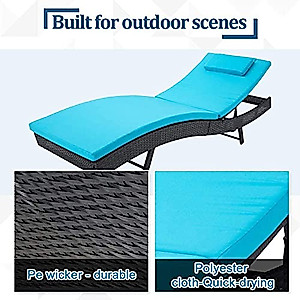 Patiomore Outdoor Lounge Chair, Patio Wicker Adjustable Backrest Double Chaise Lounge with Thick Blue Cushion for Beach Pool Yard, 2 Pack