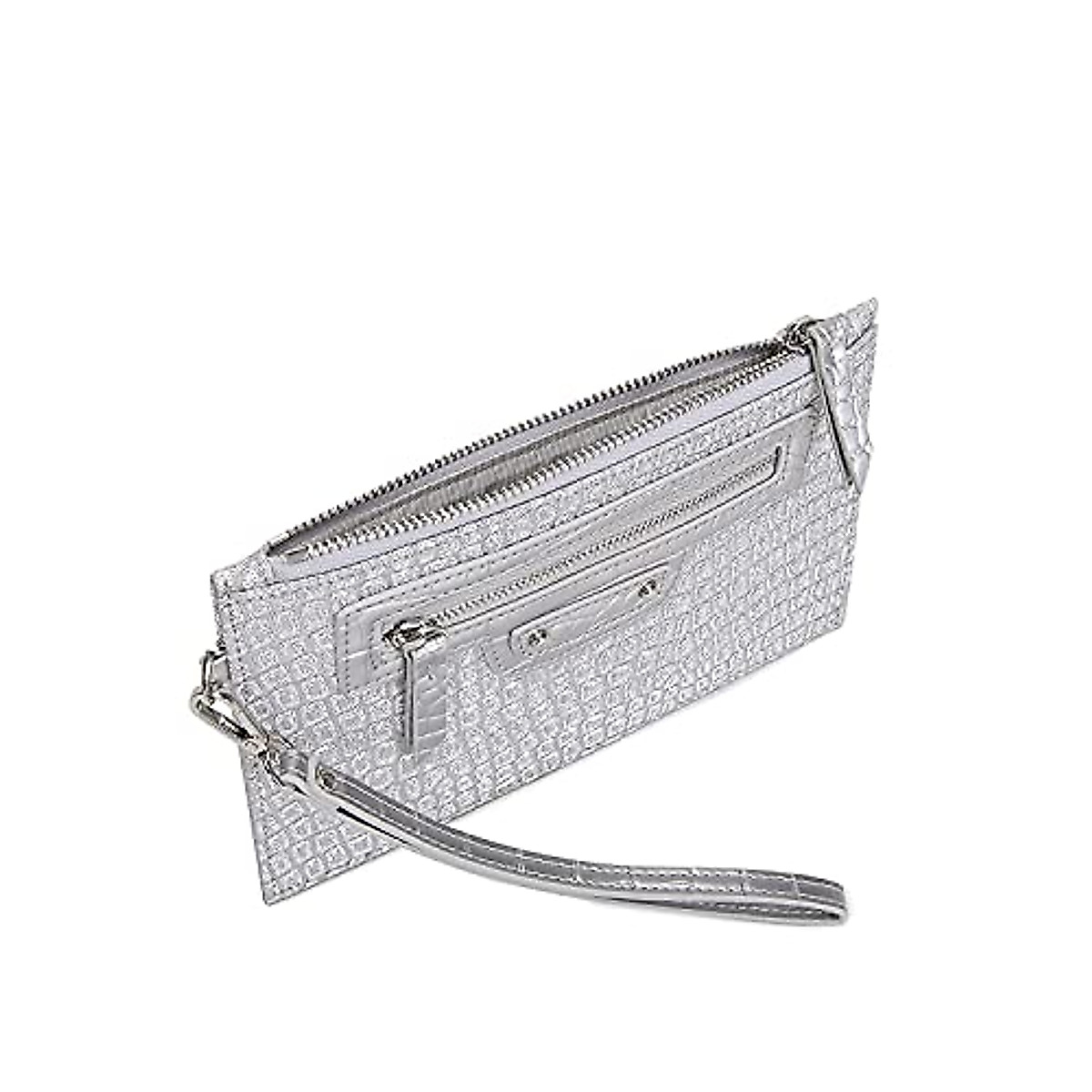 LAM GALLERY Silver Wristlet Purse for Party Prom Shiny Crocodile Evening Clutch Handbag