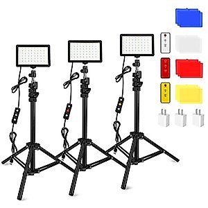 3 Packs 70 LED Video Light with Adjustable Tripod Stand / Color Filters, Obeamiu 5600K USB Studio Lighting Kit for Tablet / Low Angle Shooting, Collection Portrait YouTube Photography, Wall Charger