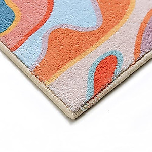 YoKii Vintage Abstract Small Area Rug 2x3 Faux Wool Hippie Aesthetic Colorful Striped Geometric Non-Slip Bathroom Rubber Backed Throw Rug for Kitchen Entryway Indoor Doormat, Orange and Blush