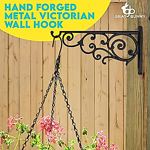 Gray Bunny Outdoor Plant Hanger Hook, 14” Large Victorian Heavy Duty Iron Wall Hooks for Bird Feeders, Lanterns, Wind Chimes, Patio Decor - Black