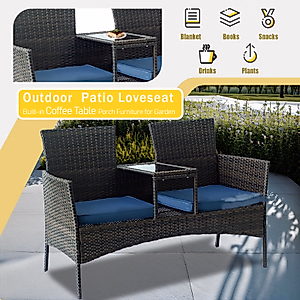 2-Seater Outdoor Patio Lounger Set with Coffee Table Durable 2-Person Outdoor Furniture - Ideal for Lawn Gardens, patios, Balconies - Weather-Resistant and Low-Maintenance (Brown-Blue)