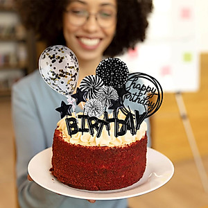 BEAN LIEVE Birthday Candles Set - Cake Topper Decoration with Cake Candles Confetti Balloon Stars and Fan Cupcake Toppers 12 Pieces Birthday Cake Decor for Birthday Party Celebration (Black)
