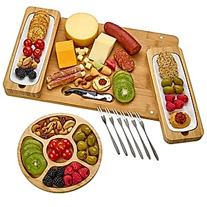 Bamboo Cheese Board Set - Charcuterie Boards Serving Platter - Magnetic Removable Side Boards - Gift for Housewarming, Anniversary, and Birthdays - Total of 3 Boards, 1 Round Tray, Wine Opener + Forks