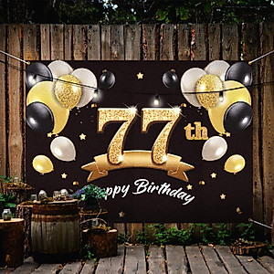 PAKBOOM Happy 77th Birthday Banner Backdrop - 77 Birthday Party Decorations Supplies for Men - Black Gold 4 x 6ft
