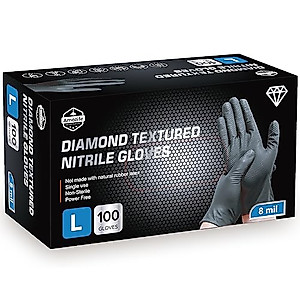 Amozife 8 Mil Disposable Nitrile Industrial Gloves with Raised Diamond Texture, Powder & Latex Free, Tear Resistant, Black, Medium