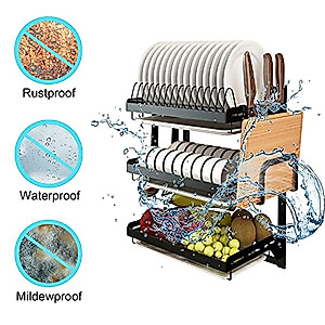 Supfirm Wall Mounted Stainless Steel Dish Drying Rack Fruit Vegetable Storage Basket with Drainboard and Hanging Chopsticks Cage Knife Holder Kitchen Supplies Shelf Utensils Organizer (3-Tier)