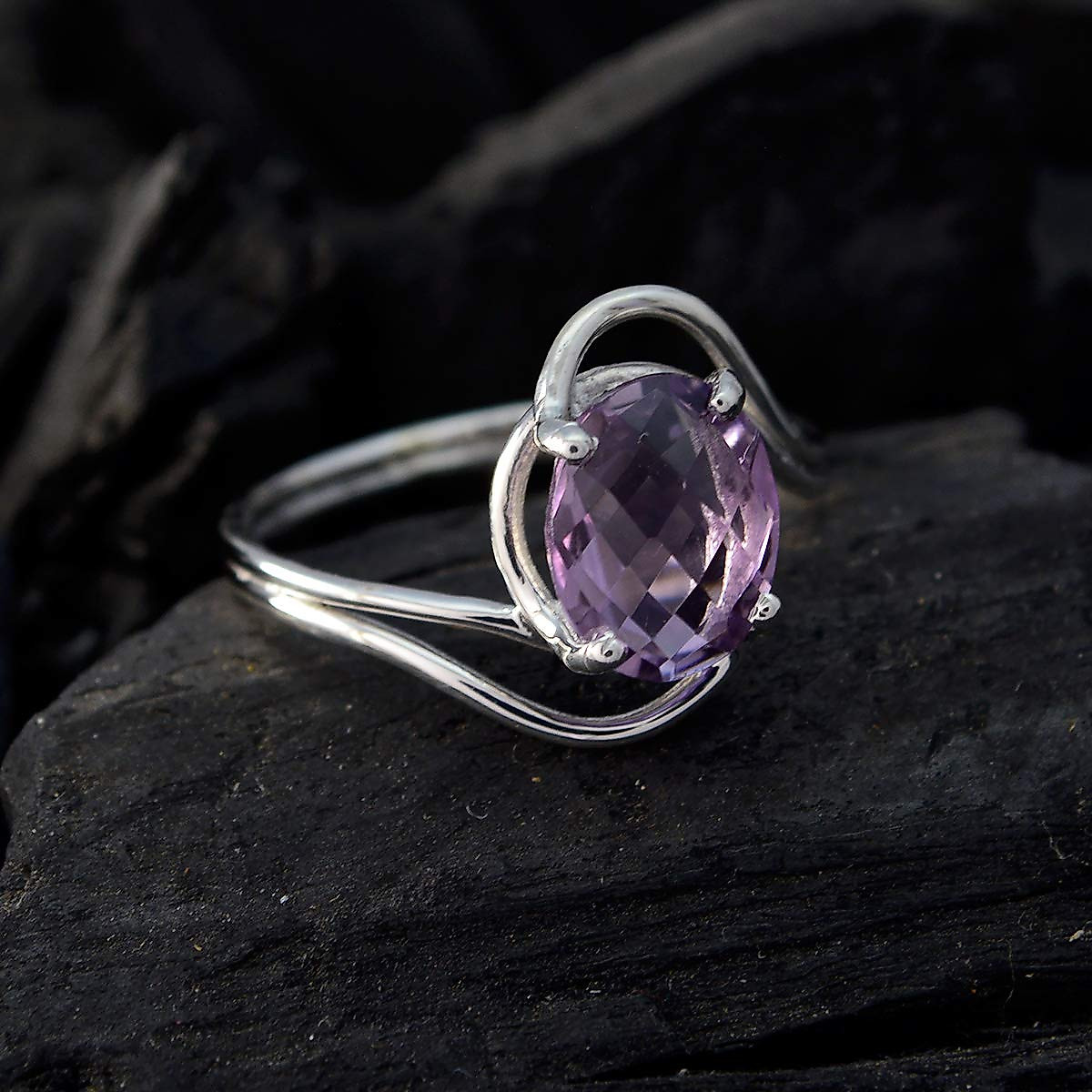 Joyas Plata Real Gemstones Oval Shape One Stone cheker Amethyst rings-925 Silver Purple Amethyst Ring-February Birth Aquarius Astrology Real Gemstones Ring SRAMECH-3171-13.5 us