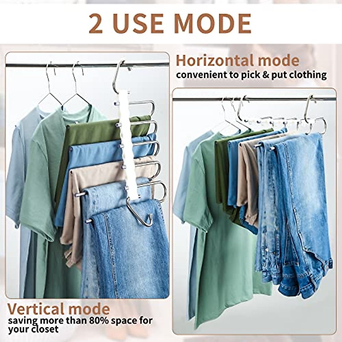 12 Pieces Pants Metal Hangers Organizer Space Saving 5 Layers Stainless Steel Pants Rack Non Slip Clothes Hanger Closet Organizer with Hooks for Trousers Scarf Jeans Skirts