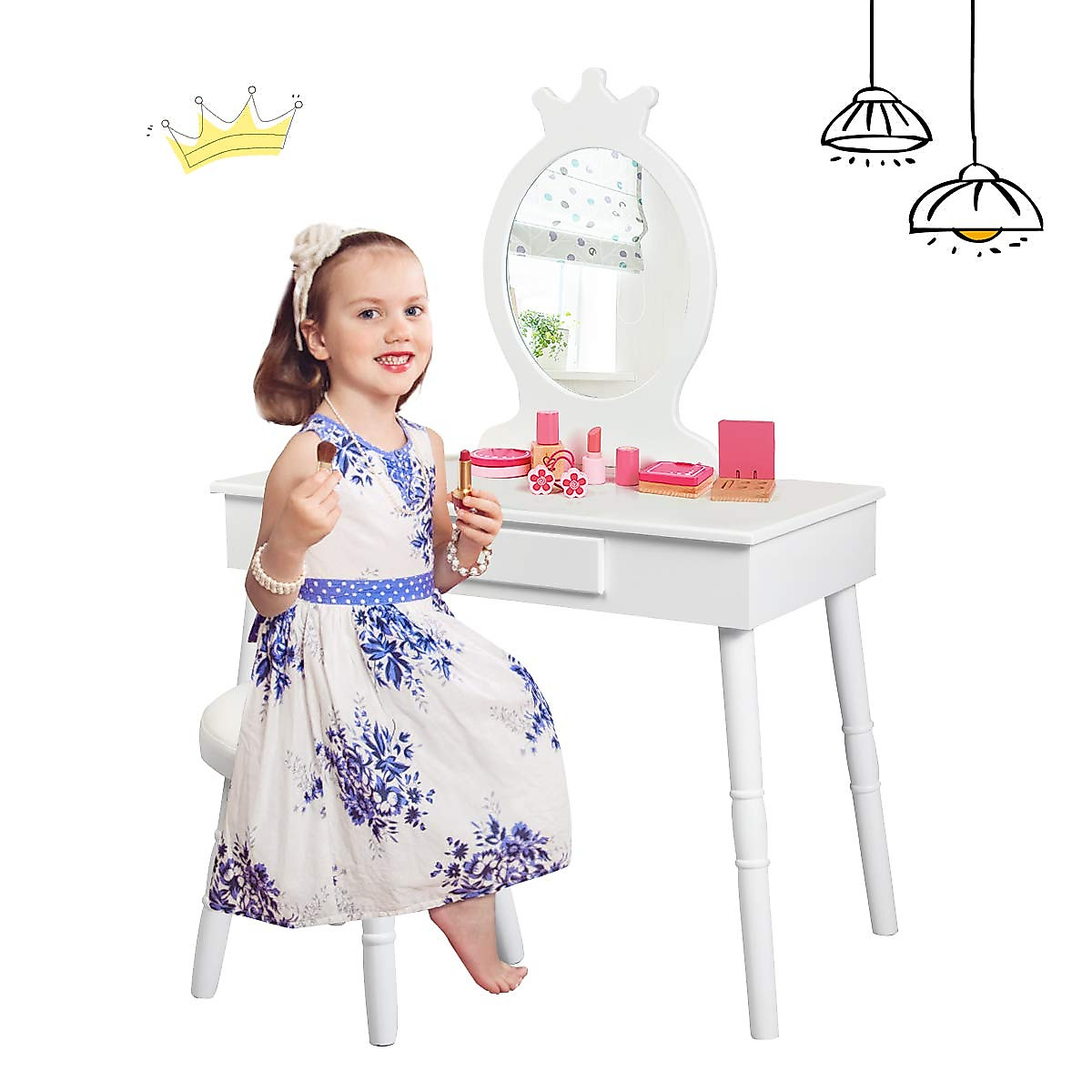 Costzon Kids Vanity Set, Wooden Princess Makeup Table with Cushioned Stool, Large Drawer, Solid Wooden Legs and Crown Mirror, Pretend Beauty Make Up Dressing Play Set for Girls Best Gift (White)