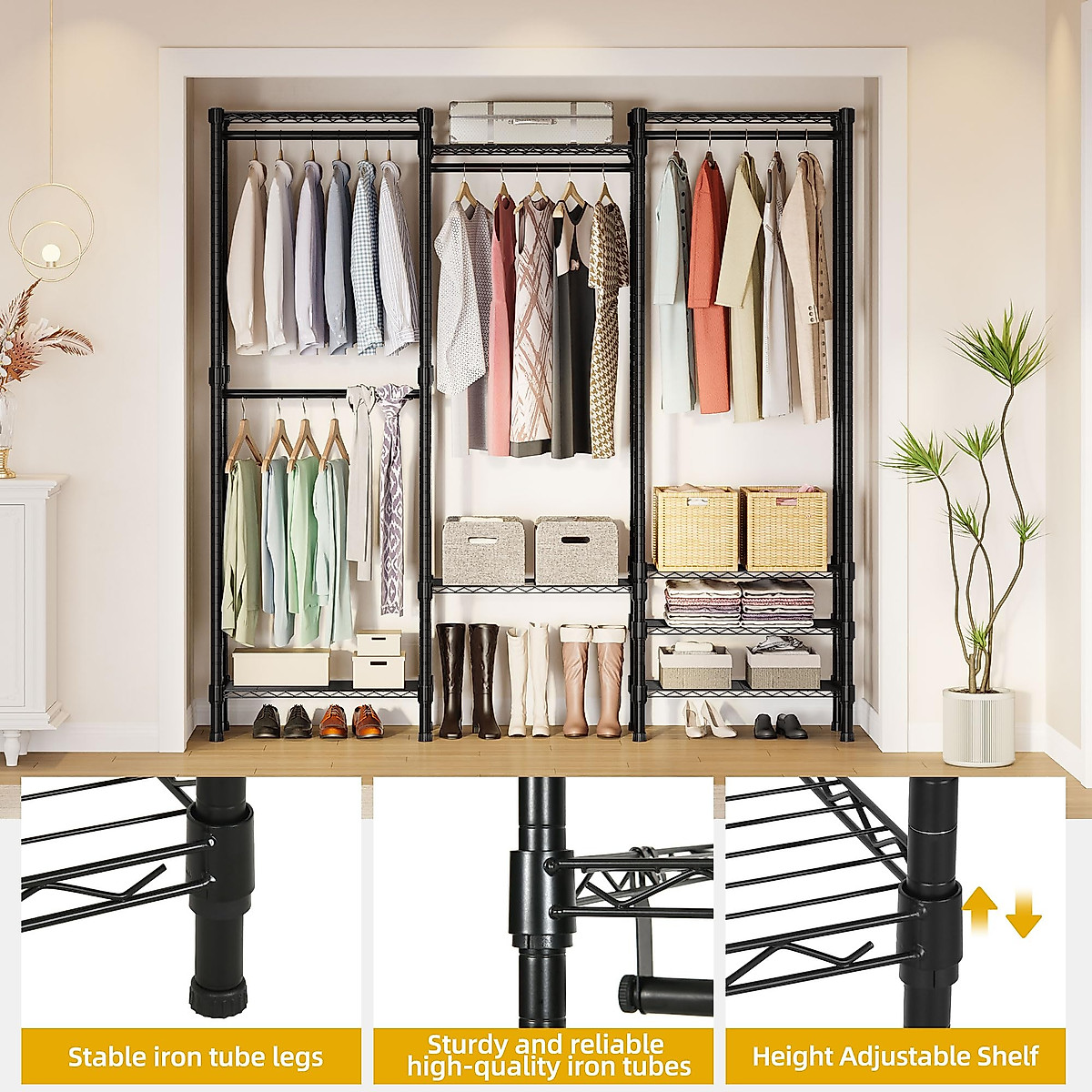 DWVO Closet Organizers and Storage System, Heavy Duty Walk-in Closet Shelves System, Adjustable Clothes Rack with 3 Hanging Rods, 8 Shelves, 68.9" L x 76" H x 13.8" W