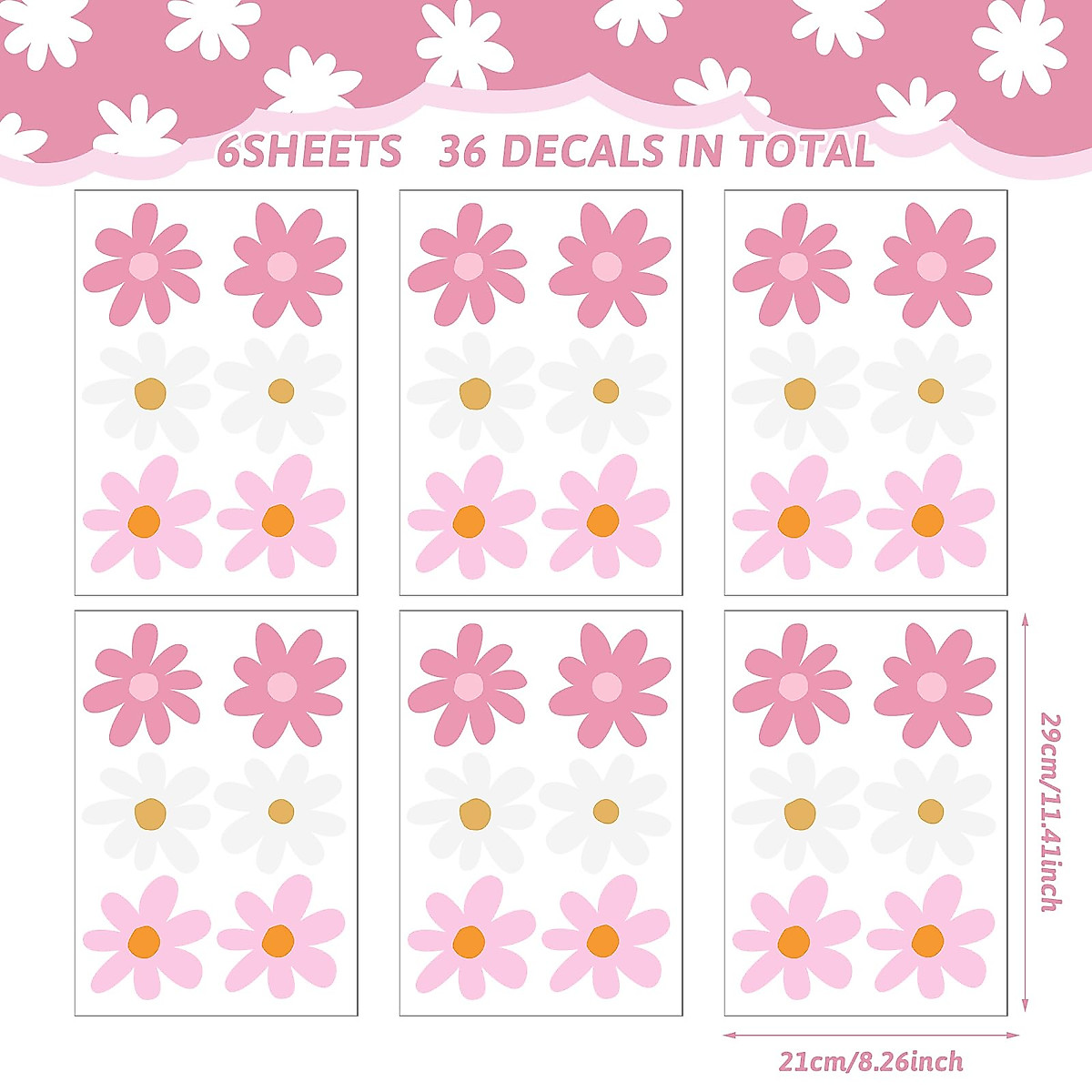 BBTO Daisy Wall Decal Flower Vinyl Wall Decals Daisy Decals Floral Decals Peel and Stick Daisy Stickers for Kids Nursery Wall Art Bedroom Living Room(Pink, White)