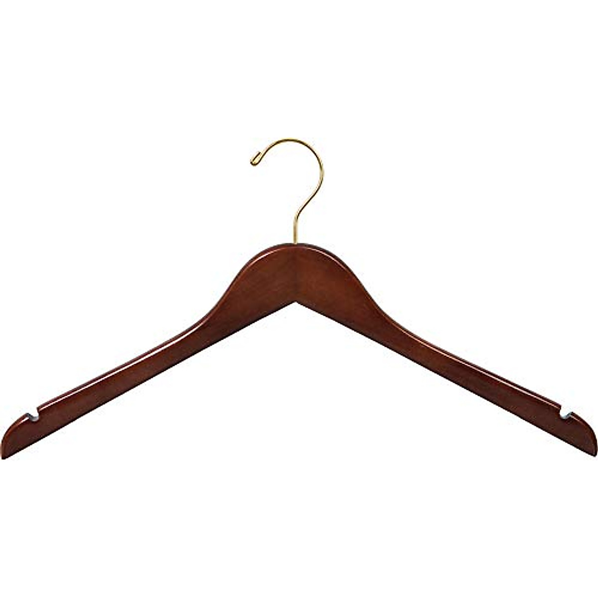 Wooden Top Hanger w/WalnutFinish, Box of 8 Hangers with Brass Swivel Hook and Notches for Hanging Straps, Great for Shirt or Dress