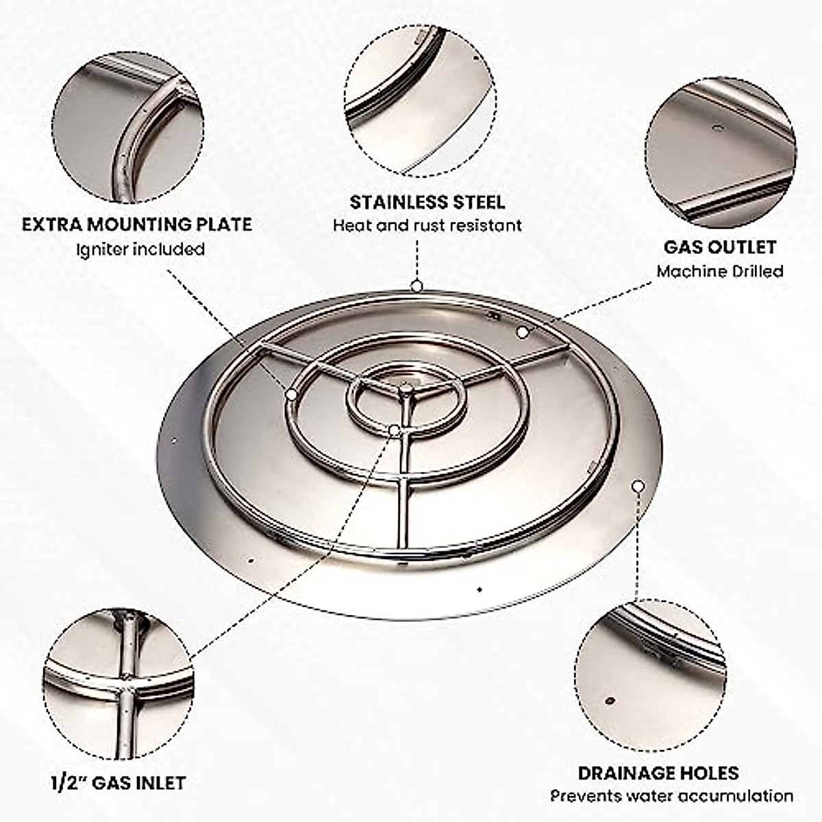 Dreffco Stainless Steel Fire Pit Burner Pan & Ring Standard Kit with Spark Ignition for Natural Gas, 36-Inch Pan, 30-Inch Ring, 200,000 BTU Max