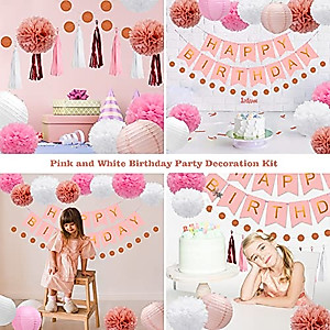 meowtastic Pink Birthday Party Decorations, Happy Birthday Banner with Tissue Pom Poms, Tassel Garland, Paper Lanterns, Circle Dot Garland, Pink and Rose Gold Happy Birthday Decoration for Women Girl