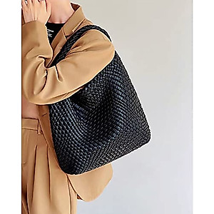 Women 2 in 1 Leather Handbag Hobo Purse Weave Shouler Bag Large Capacity Top Handle Satchal Bag, Black