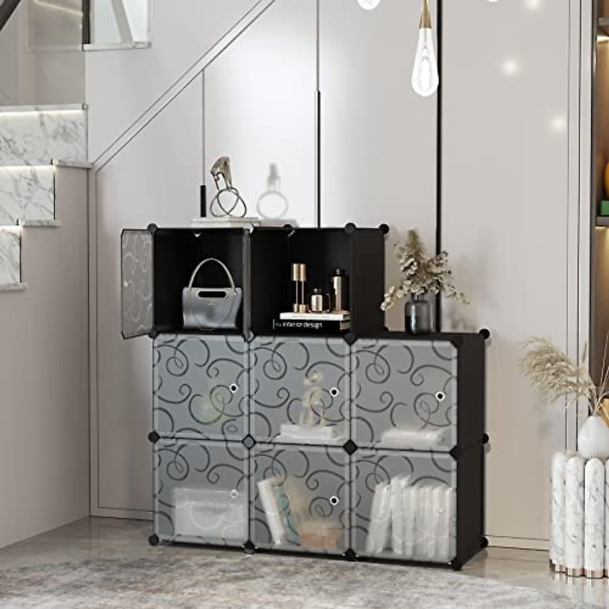 C&AHOME Cube Storage Organizer with Doors, 8-Cube Shelves, Closet Cabinet, DIY Plastic Modular Bookshelf, Storage Shelving Ideal for Bedroom, Living Room, 24.8" L × 12.4" W × 48.4" H Black UGSHS3008A