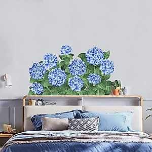 Maydahui Blue Hydrangea Flower Wall Decals Green Leaf Floral Wall Stickers (21.6x35.4 Inch) Removable Peel and Stick Art Murals Decor for Kids Bedroom Living Room TV Sofa Headboard Background