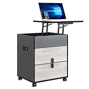 HNEBC Nightstand with Charging Station, Lift Top Table with 2 Outlets and 2 USB Ports, Bedside Table with 2 Drawers, End Table Night Stand with Hidden Storage, Side Table for Bedroom/Closet/Dorm,Wood