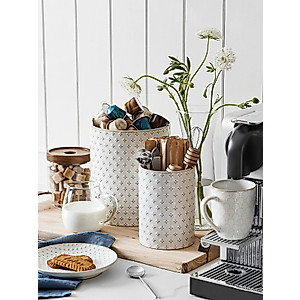 LE TAUCI Utensil Holder, 7.1"+5.4" Ceramic Kitchen Utensil Holder for Counter top, Embossed Cooking Utensil Organizer for Spatula & Spoon, Kitchen Decor, Set of 2, Arctic White, Clover