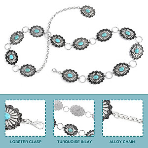 Navoky Turquoise Chain Belts Concho Belt Silver Metal Western Waist Chain Retro Boho Cowgirl Outfit Accessories for women (C, Medium)