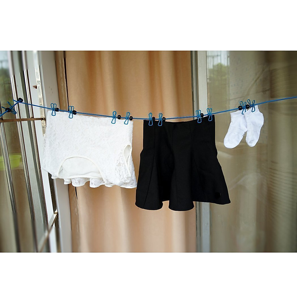 2 Pack 11 Feet Windproof Clothesline with 12 Blue Clips, Adjustable Clothes Line for Home, Travel and Outdoor Hanging Clothes