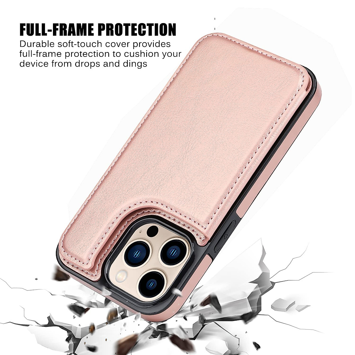 JOYAKI Wallet Case Compatible with iPhone 13 Pro Max,Slim Protective case with Card Holder,PU Leather Kickstand Card Slots Case with a Free Screen Protective Glass for iPhone 13 Promax(6.7")-Rose Gold