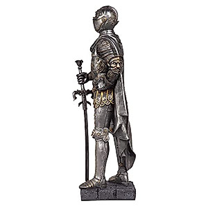 Design Toscano King's Guard Medieval Decor Half Scale Knight Armor Gothic Statue, 39 Inch Tall, Cast Stone Resin, Metallic Finish with Faux Stone Base