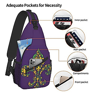 Sling Backpack Purple Fleur Mardi Gras Travel Hiking Daypack Pattern Rope Crossbody Shoulder Bag