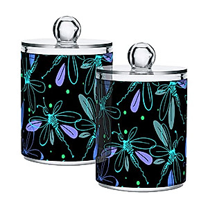 Fustylead 2 Pack Dragonflies Plastic Apothecary Jars with Lid, Bathroom Vanity Storage Organizer Canister for Qtip, Cotton Ball, Swab, Round Pads, Floss