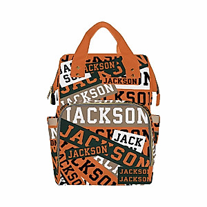 Customized Diaper Bag Backpack, Black and Orange Name Personalized Backpack with Text Mommy Nappy Baby Bag Shoulders Bag Casual Daypack Daycare Bag Travel Bag for Dad Mom
