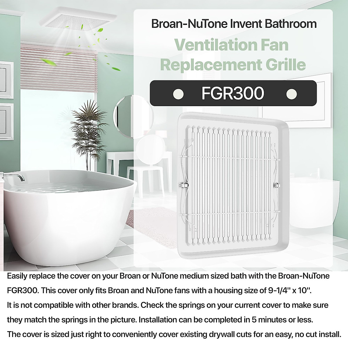 ﻿FGR300 Bathroom Plastic Grille Cover for Broan-NuTone FGR300S，Replacement Roomside Series Bathroom Ventilation Fan parts—Cover Dimensions of 11-1/2” x 12”x 1" & Housing size of 9-1/4" x 10" (1 Pack)