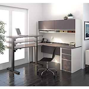 BESTAR Connexion L-Shaped Standing Desk with Pedestal and Hutch, 72W, Slate/Sandstone