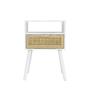 MaxSmeo White Nightstand with Drawer, Mid Century Modern Nightstand, Rattan Side Table, End Table with Storage for Living Room, Bedroom and Small Spaces, Easy Assembly (White)