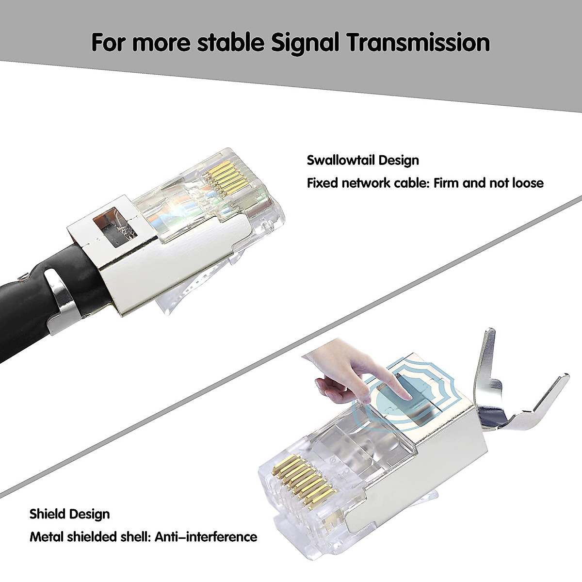 VCELINK Cat7 Cat6A RJ45 Pass Through Connectors Shielded 30-Pack, 3-Prong 50μ Gold Plated Modular Plug Ethernet Ends with Strain Relief Boots (Black)