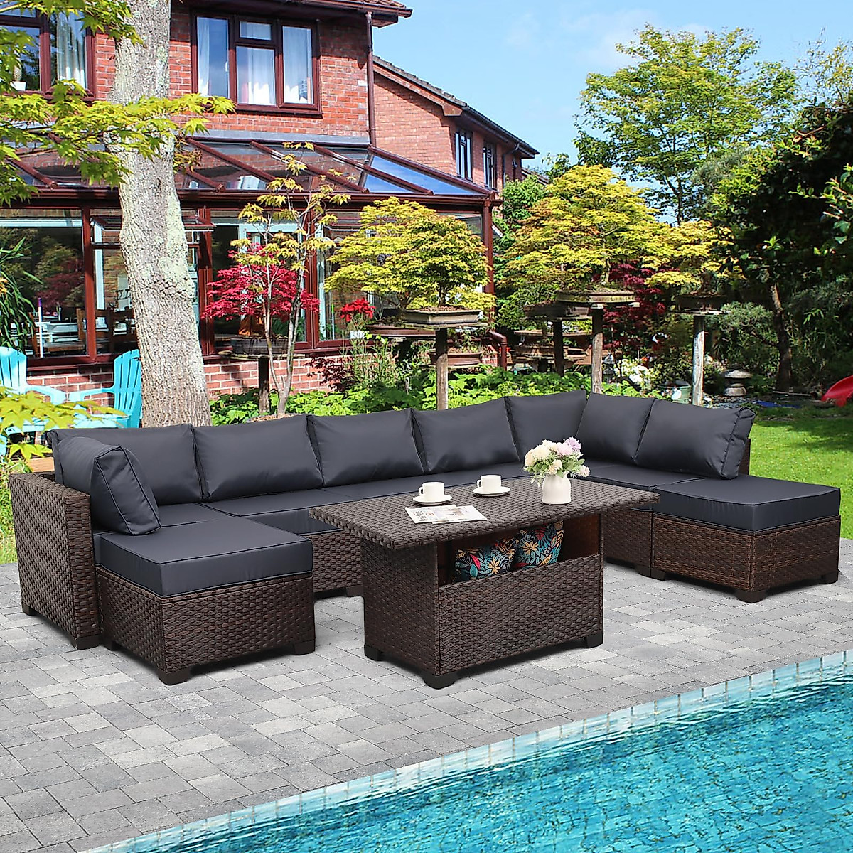 Lviden 9 Pieces Wicker Patio Furniture Set Outdoor PE Rattan Sectional Conversation Sofa Set with Navy Blue Cushions and Storage Table