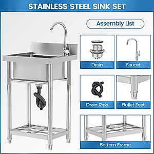 KUARBARR Stainless Steel Utility Sink Free Standing Single Bowl Set Prep Sink Station for Restaurant Kitchens Laundry Room Bathroom Farmhouse 22 Inches