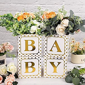 4 PCS Gold Flower Baby Shower Boxes Decor Table Floral Centerpieces Boxes for Gender Reveal Decoration Bronzing Flower Block Holder with Baby Letters Girls Boys Birthday Party Arrangement Favor