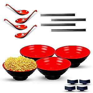 Ramen Bowl Set of 4 32 OZ with Large Melamine Bowls Spoons Complete Dinnerware Set with Chopsticks long-lasting Japanese style, Attractive handcrafted, Soup Bowls