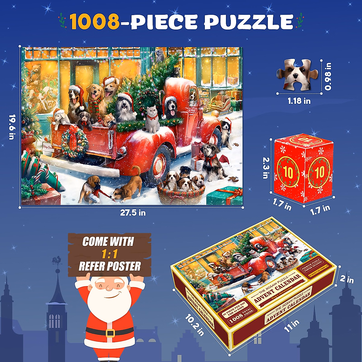 Advent Calendar 2024, Christmas Puzzle for Kids and Adults, 24 Days Countdown Calendars for Boys Girls, 1008 Pieces Christmas Puzzle in 24 Boxes, Dog's Christmas(27.56 x 19.68 Inch)