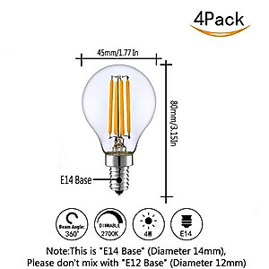 CTKcom G45 4W E14 Base Candelabra LED Bulbs Dimmable(4 Pack)-Vintage Edison LED Bulb 40W Equivalent 2700K Warm White Lamp for Home,Pendant Lights,Sconces,Antique Light Fixtures 110V~130V AC