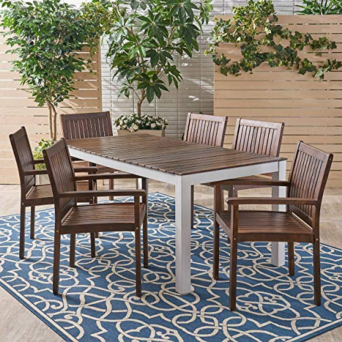 Christopher Knight Home Noe Outdoor 7-Piece Acacia Wood Dining Set, Dark Brown and White